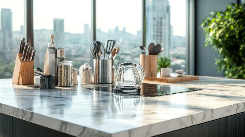 Modern Kitchen Still Life Glass Kettle on Marble, City View ...