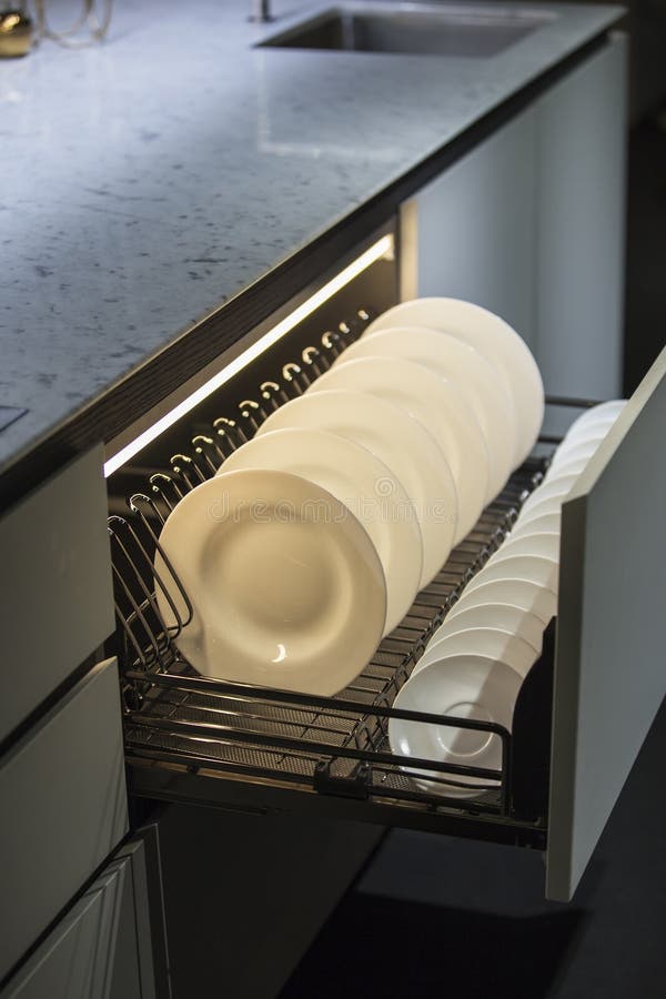 Modern Kitchen, Storage Space for Plates, Illuminated Drawer in Luxury ...