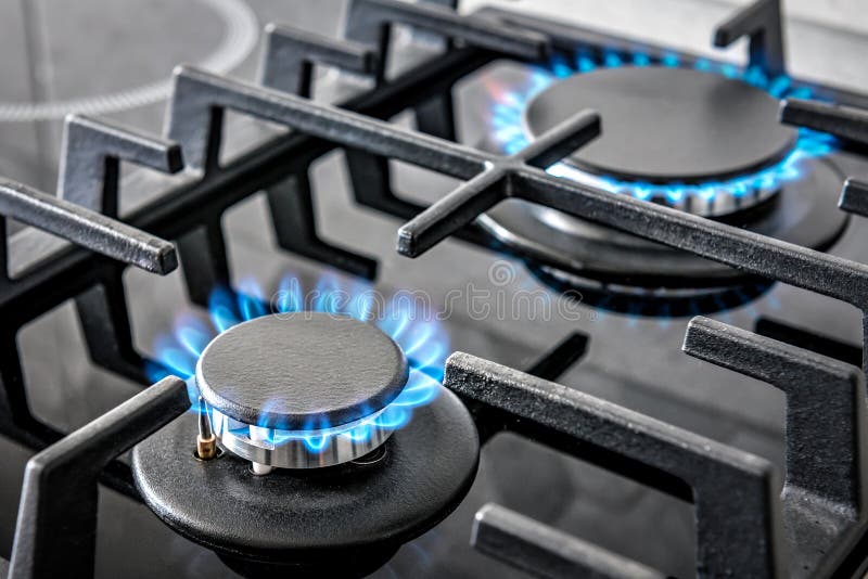 Modern Kitchen Stove Cook with Burning Blue Flames Stock Photo - Image ...