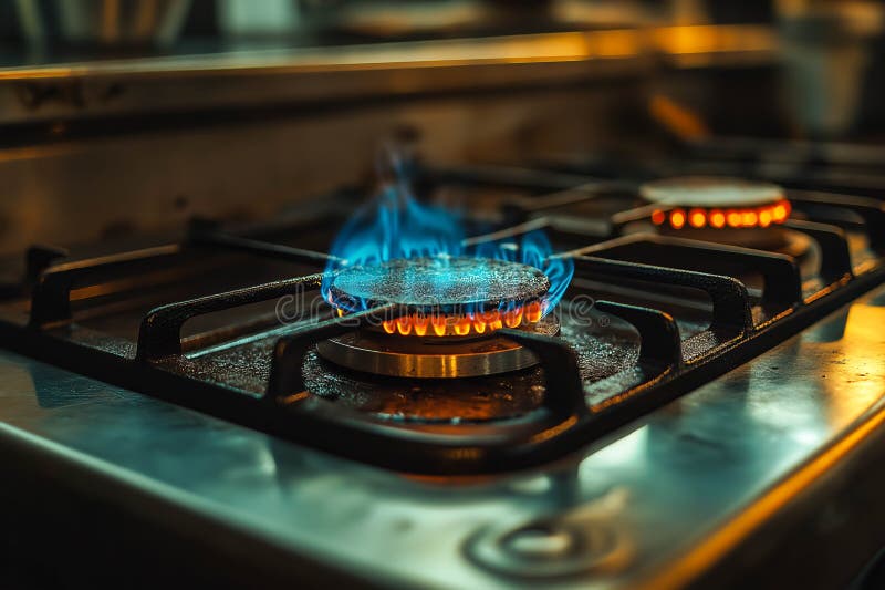 Modern Kitchen Stove Cook. Gas Flame Close Up on the Gas Stove Stock ...
