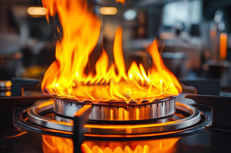 Modern Kitchen Stove Cook. Gas Flame Close Up on the Gas Stove Stock ...