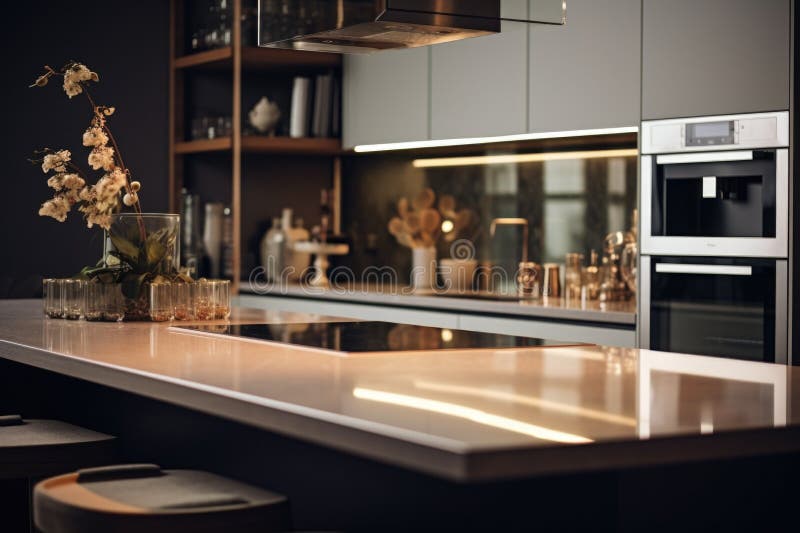 Modern Kitchen with Stove Top Oven and Stylish Bar Stools. Ideal for ...