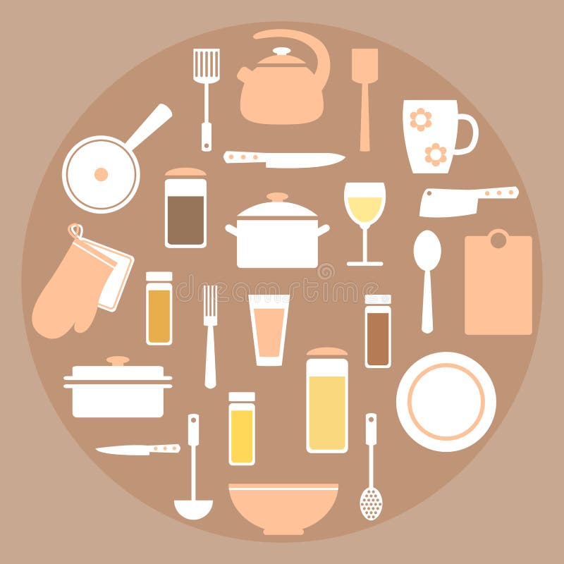 Modern Kitchen Stuff Set Elements in Coral, White and Brown Colors ...