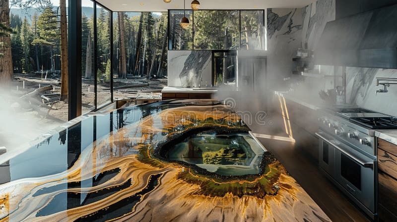 Modern Kitchen with Stunning Epoxy River Table and Scenic View Stock ...