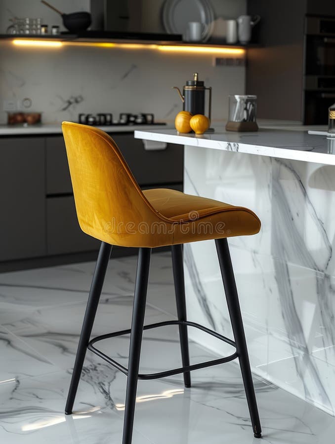 Modern Kitchen with a Stylish Yellow Stool by a Marble Countertop ...