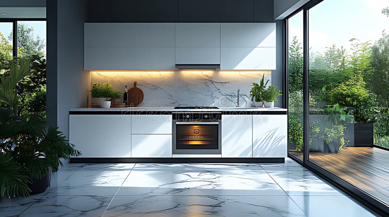 Modern Kitchen, Sunlight, Garden View, Oven, Design Stock Illustration ...