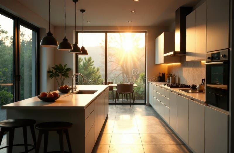 Modern Kitchen with Sunlight Streaming through Large Windows at Sunset ...