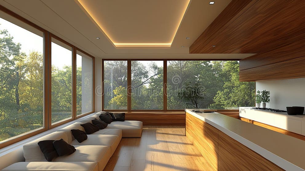 Modern Kitchen, Sunlit, Forest View, Lounge Seating, Home Design Stock ...