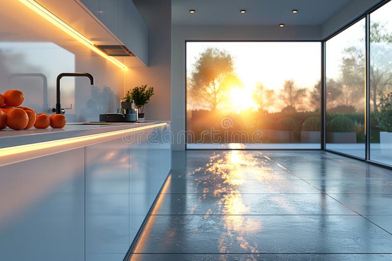 Modern Kitchen with Sunrise View and Stylish Design Elements, Sleek ...