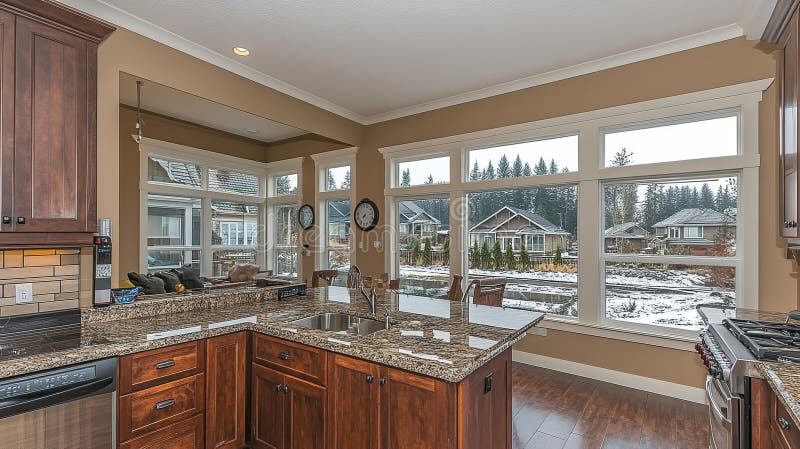 Modern Kitchen Sunroom Winter View Suburban Homes Stock Illustration ...