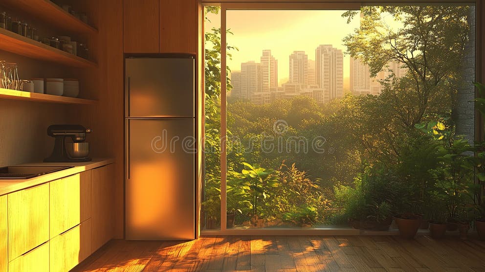 Modern Kitchen Sunset City View Stock Photo - Image of lifestyle, room ...