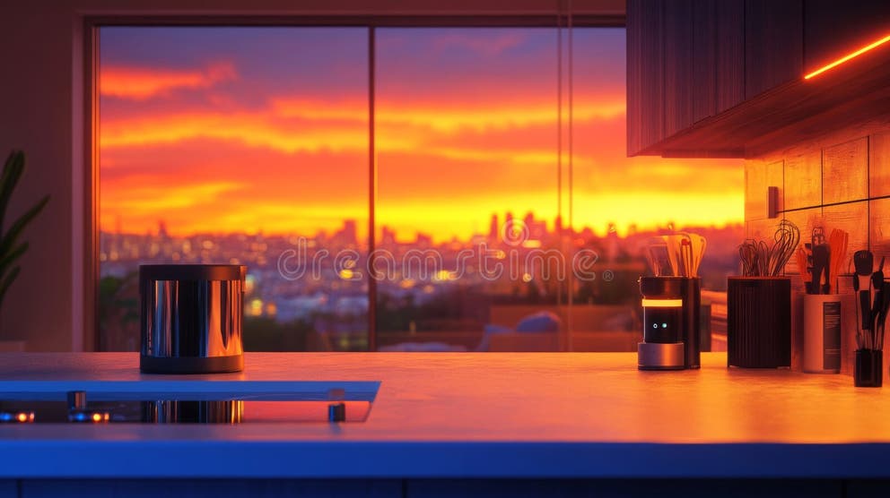 Modern Kitchen Sunset City View Stock Illustration - Illustration of ...