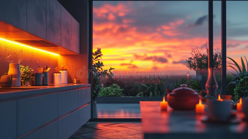 Modern Kitchen at Sunset with Scenic View - Generative Ai Stock ...