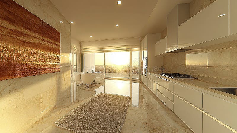 Modern Kitchen Sunset View Apartment Design Stock Photo - Image of real ...