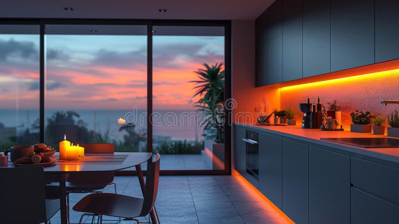 Modern Kitchen with Sunset View - Generative Ai Stock Illustration ...