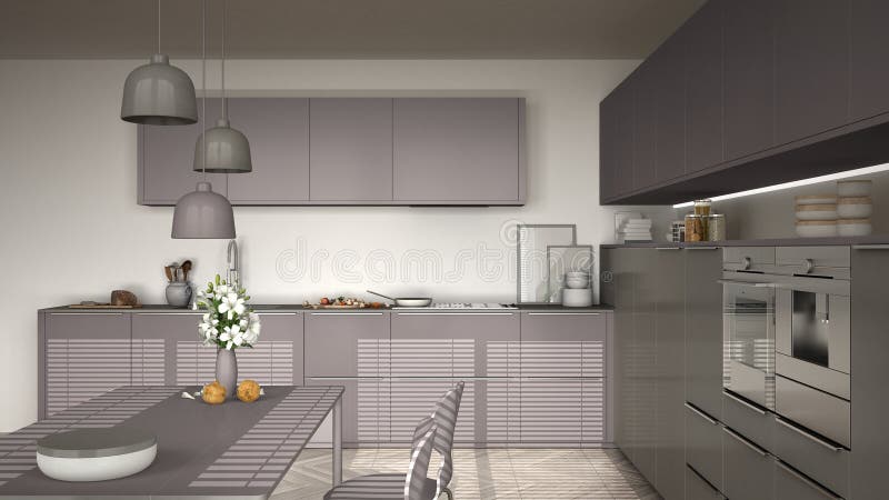 Modern Kitchen with Table and Chairs, Herringbone Parquet Floor, White ...