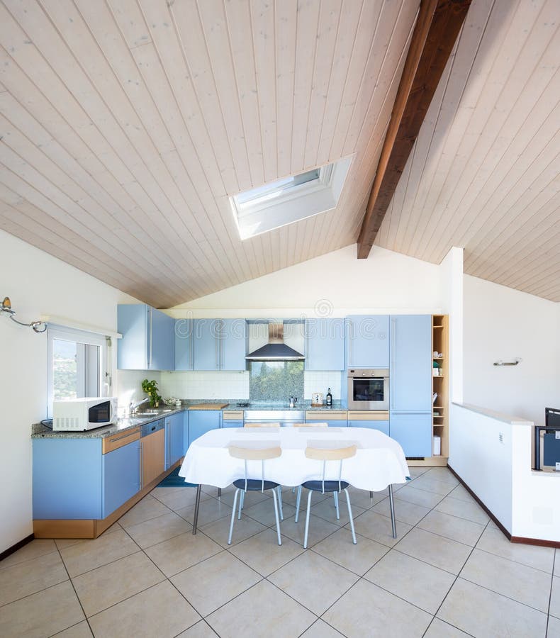 Modern Kitchen with Table and Chairs Stock Image - Image of room, hood ...