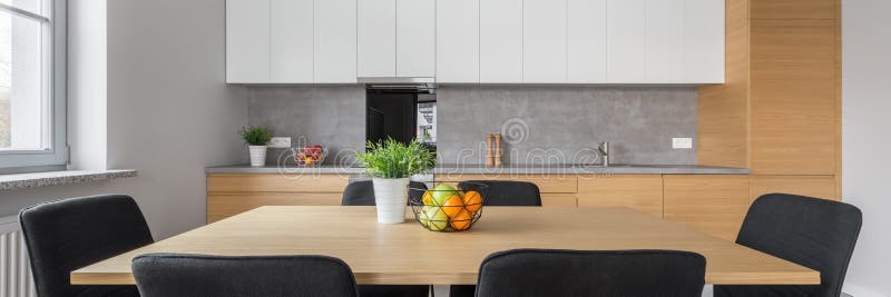Panoramic View of Modern Kitchen with Table Stock Photo - Image of ...
