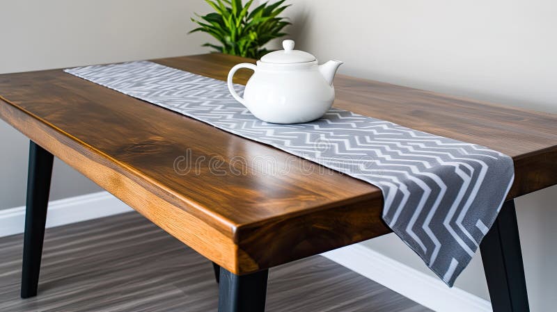 A Modern Kitchen Table Displays a Gray Patterned Runner and a White ...