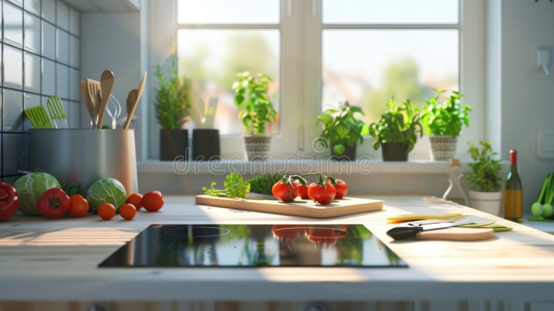 Modern Kitchen with Table, Stove, Utensils, and Fresh Vegetables by ...