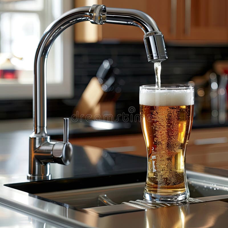 Modern Kitchen Tap Pouring Beer into Glass on Counter Stock ...
