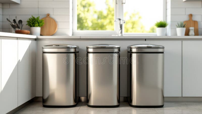 Modern Kitchen Three Stainless Steel Trash Bins Bright Space Stock ...