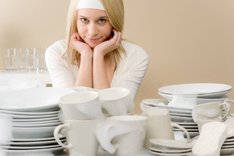 Modern Kitchen - Tired Woman in Kitchen Stock Image - Image of plate ...