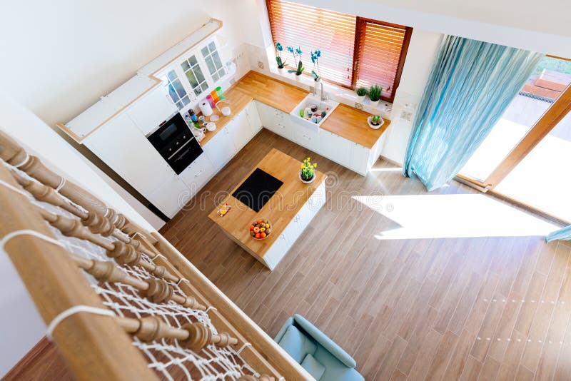 Modern kitchen top view stock photo. Image of inside - 69869776