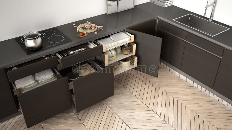 Modern Kitchen Top View, Opened Wooden Drawers with Accessories Stock ...