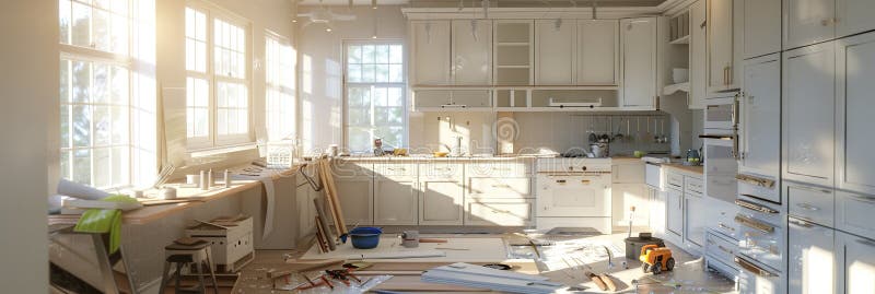 A Modern Kitchen Under Renovation, Featuring New White Cabinets and ...
