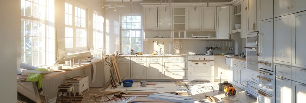 A Modern Kitchen Under Renovation, Featuring New White Cabinets and ...