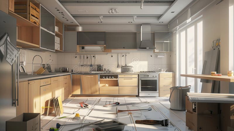 A Modern Kitchen is Under Renovation with New Cabinets Being Installed ...