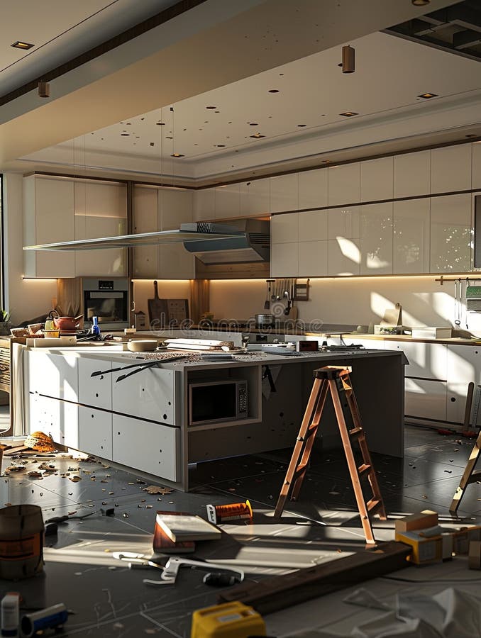 A Modern Kitchen Under Renovation, with New Cabinets Being Installed ...