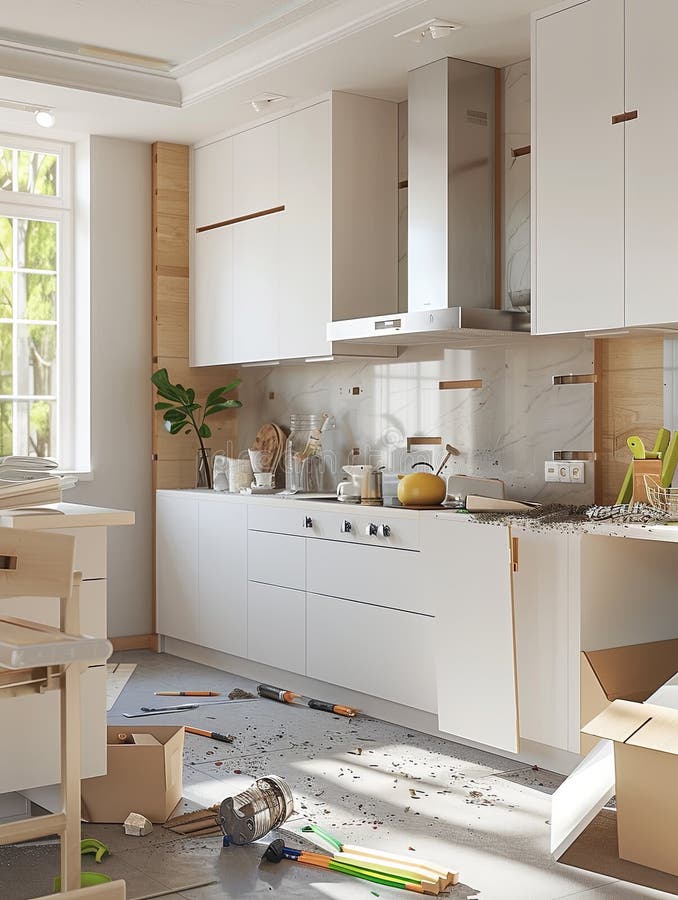 Modern Kitchen Under Renovation with New White Cabinets and Countertops ...