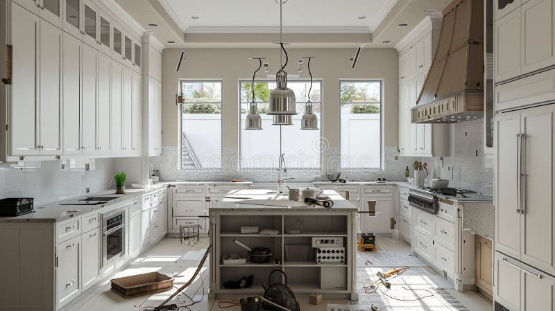 A Modern Kitchen Undergoing Renovation with New Cabinets, Countertops ...