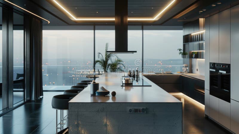 A Modern Kitchen with a View of the City Stock Image - Image of dining ...