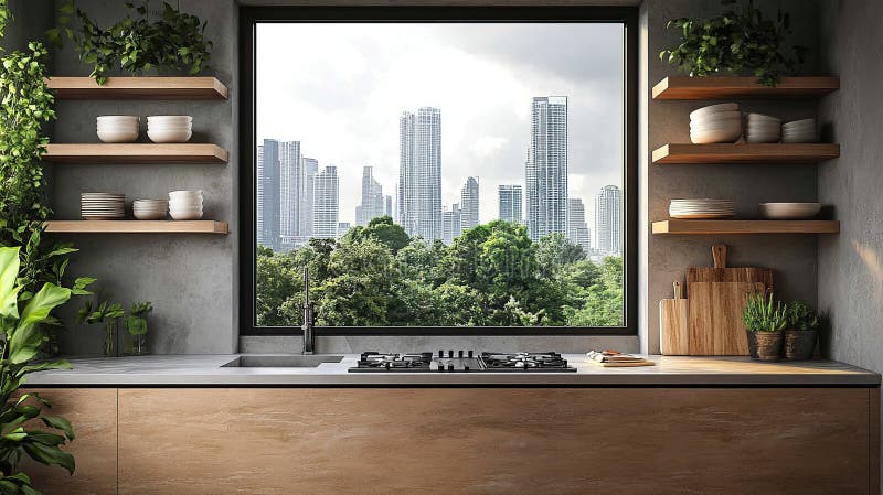 Modern Kitchen with a View of a City Skyline through a Large Window ...