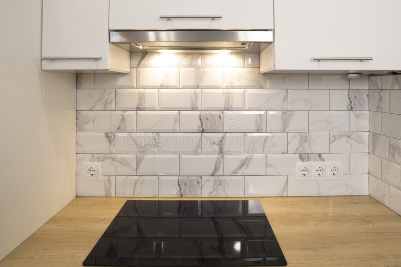 Modern Kitchen View with Empty Induction Cooker Hob in Wooden Counter ...