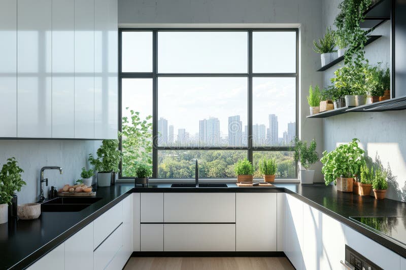 Modern Kitchen with a View, Featuring Plants and City Skyline Stock ...