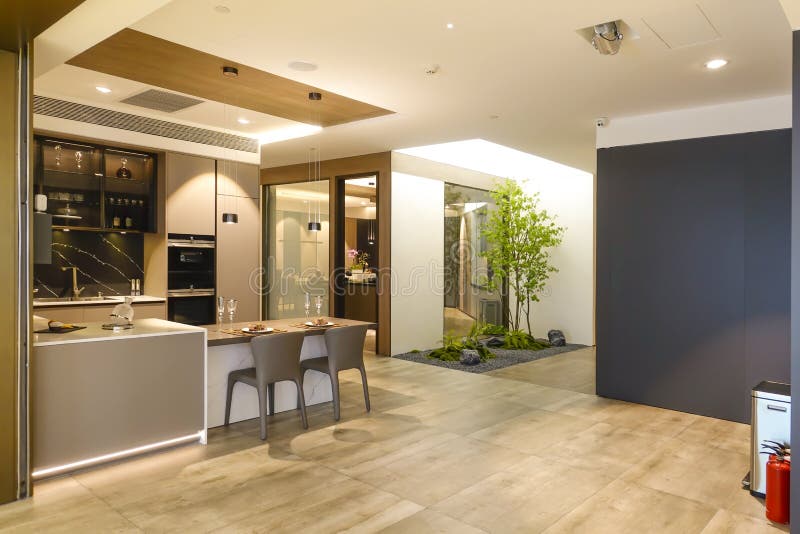 Modern kitchen in villa stock image. Image of ceiling - 248657841