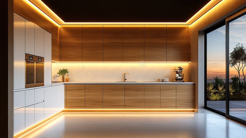 Modern Kitchen with Warm Lighting and Wood Cabinets. Open Concept ...