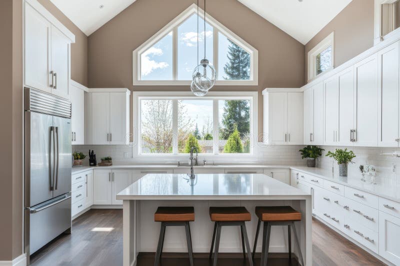 Modern Kitchen with White Cabinetry and Large Windows, Featuring a ...
