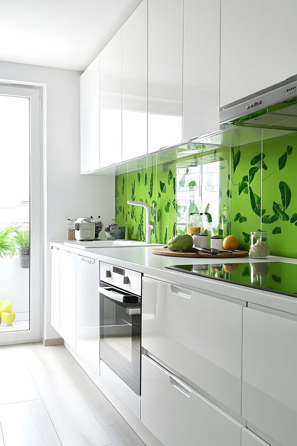 Modern Kitchen with White Cabinetry and a Vibrant Green Backsplash ...