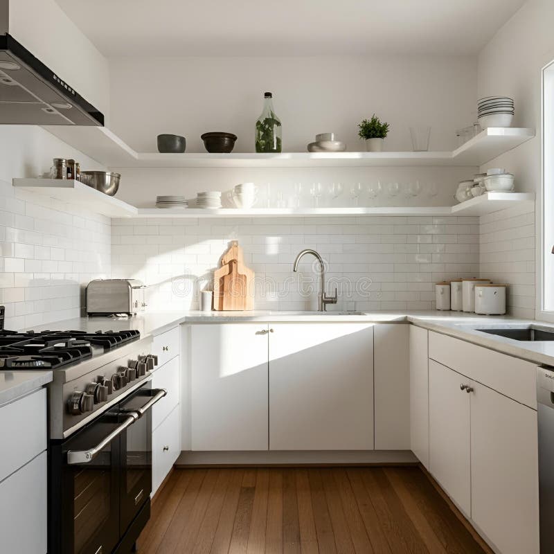 Modern Kitchen with White Cabinets, Open Shelves, and Wooden Flooring ...