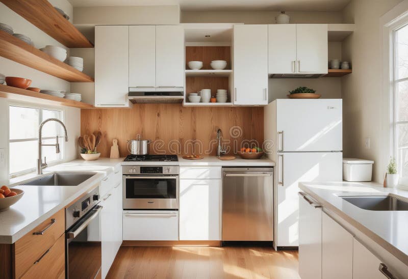 Modern Kitchen with White Cabinets and Steel Accents Stock Illustration ...