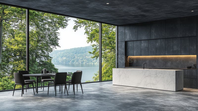 Modern Kitchen, White Countertops, Panoramic Windows, Scenic Nature ...