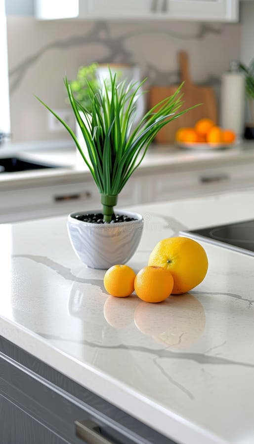 Modern Kitchen with White Quartz Countertop, Plant, Oranges, and Ample ...