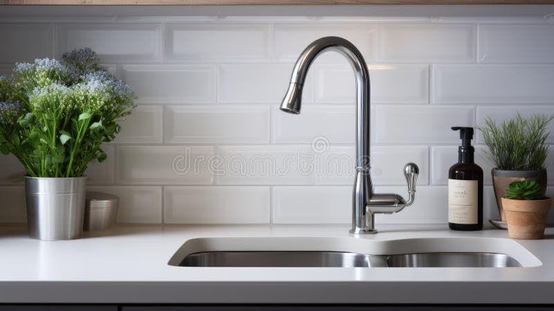 Modern Kitchen with White Wall Tiles, Sink and Faucet on White ...