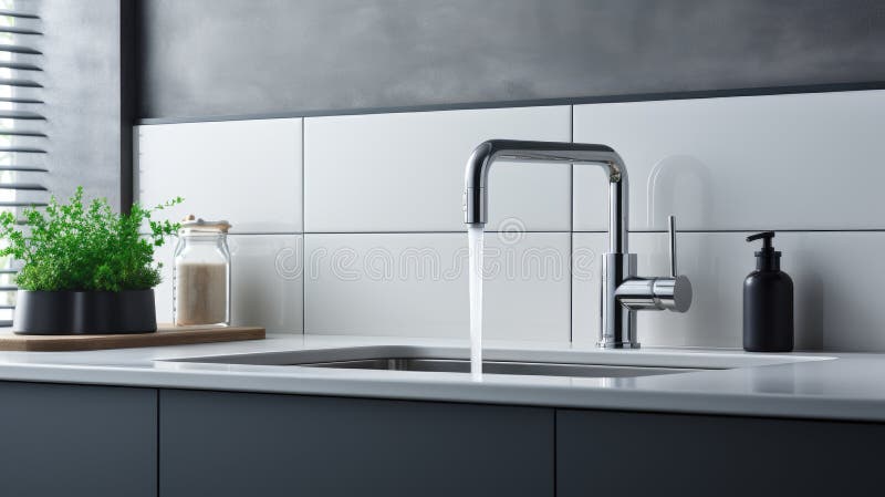 Modern Kitchen with White Wall Tiles, Sink and Tap with Running Water ...