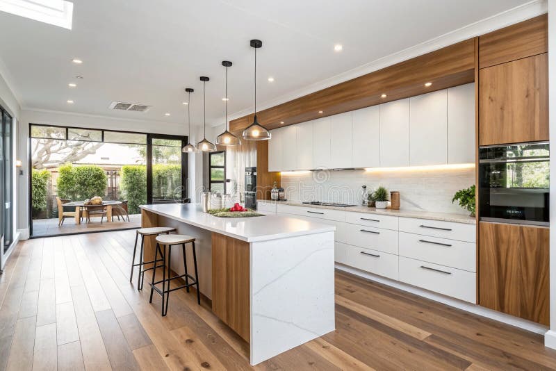 Modern Kitchen with White and Wood Materials Stock Illustration ...